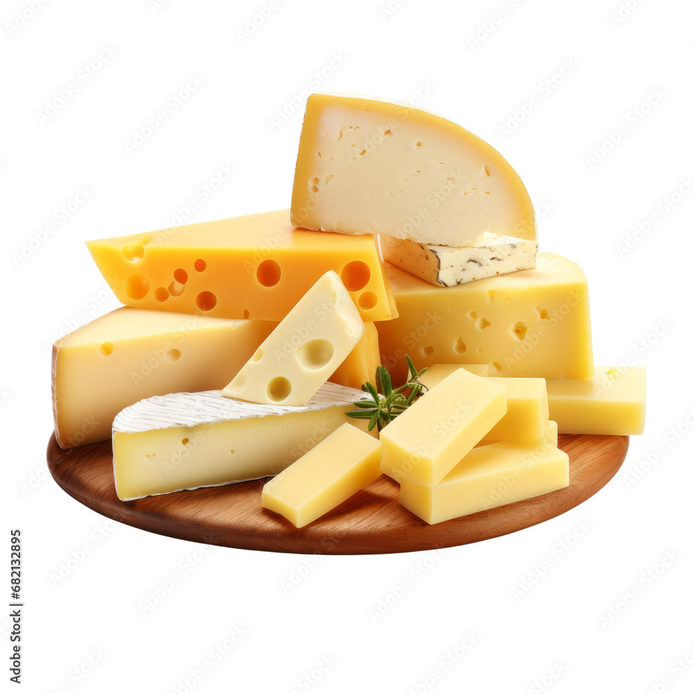 Assorted cheese board with cut cheeses on a transparent background ...