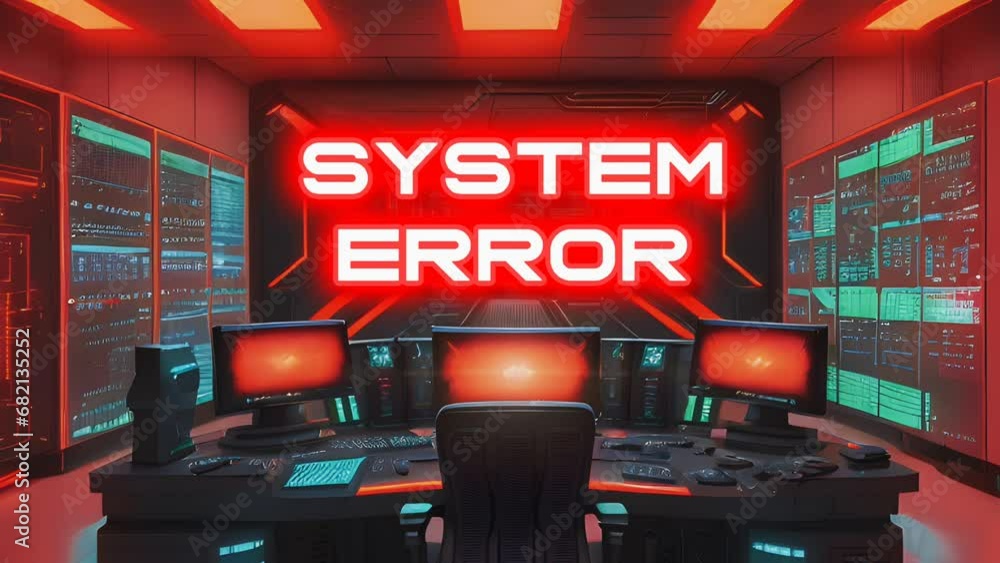 "SYSTEM ERROR" Text motion in big screen with modern computer room ...