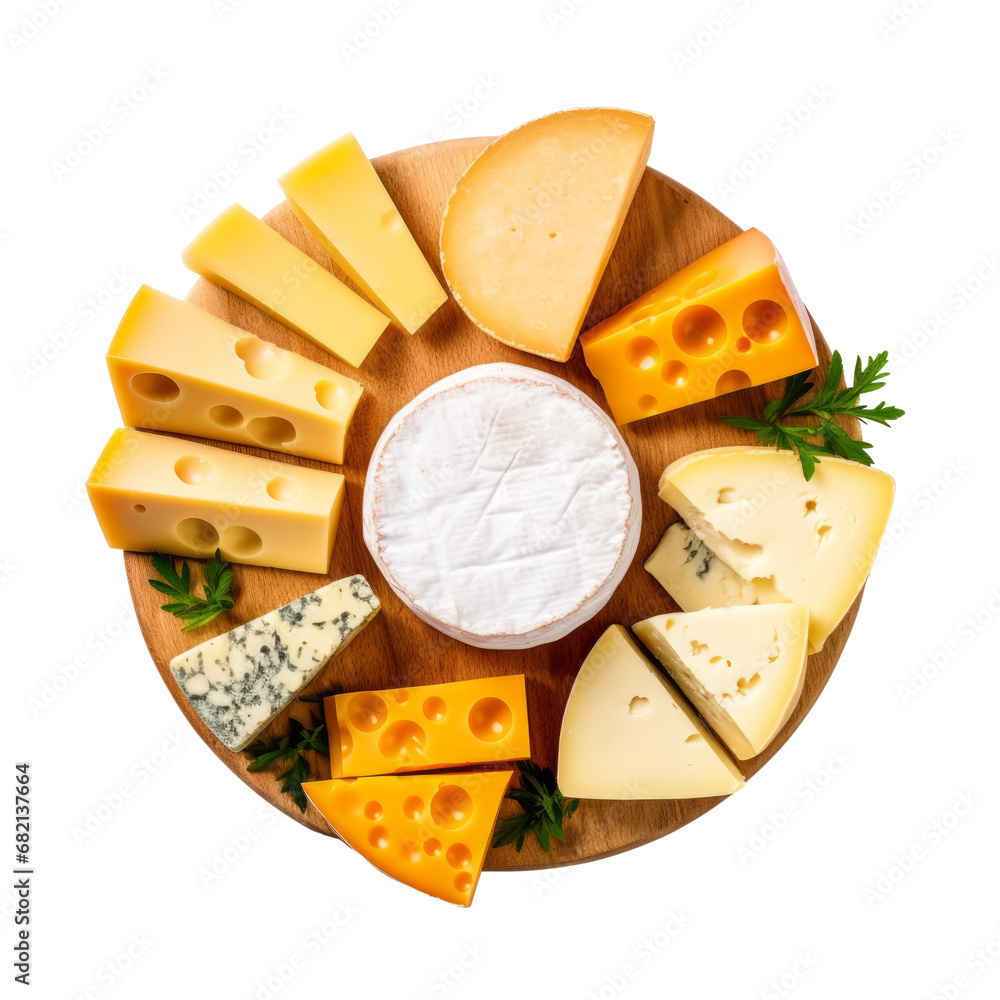 Top view of assorted cheese board with cut cheeses and herbs on a ...