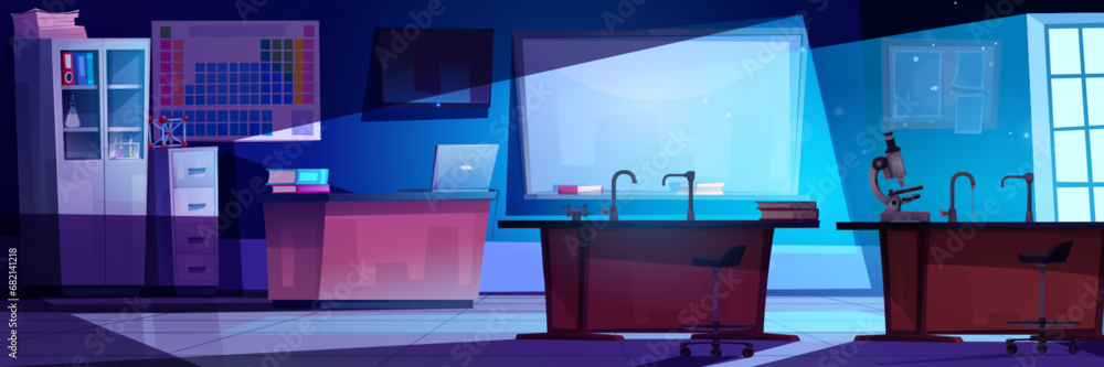 Cartoon night empty school chemistry classroom interior with laboratory equipment and supplies ...