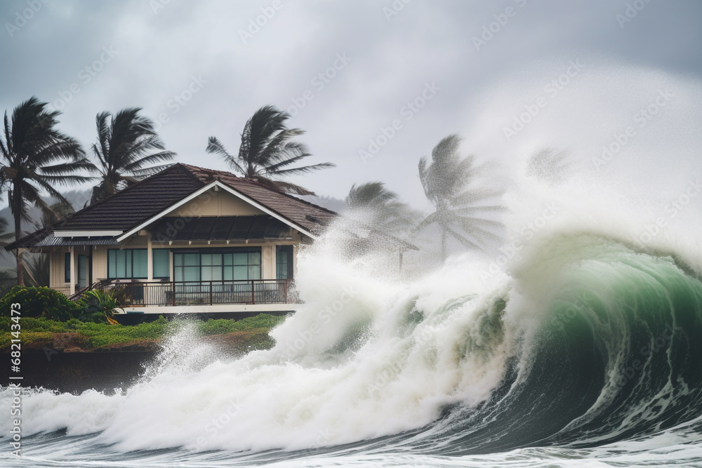 image depicts a powerful hurricane in ocean, causing massive waves to ...