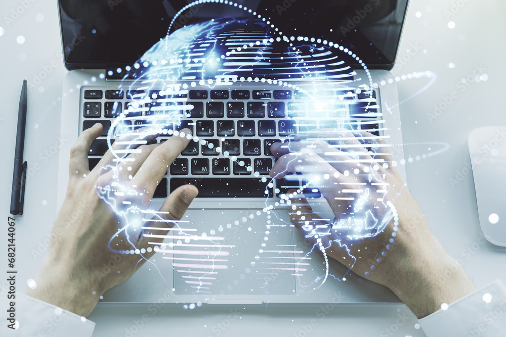 Abstract graphic digital world map with connections and hands typing on ...