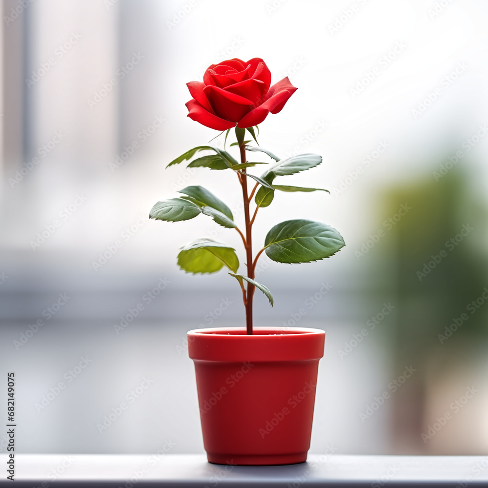cute mini red rose in a pot, white background, depth of field Stock ...