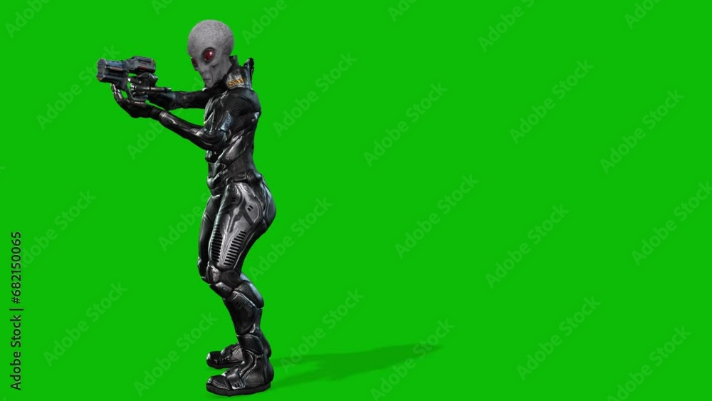 Grey alien wearing a space suit and holding a sci-fi gun running ...