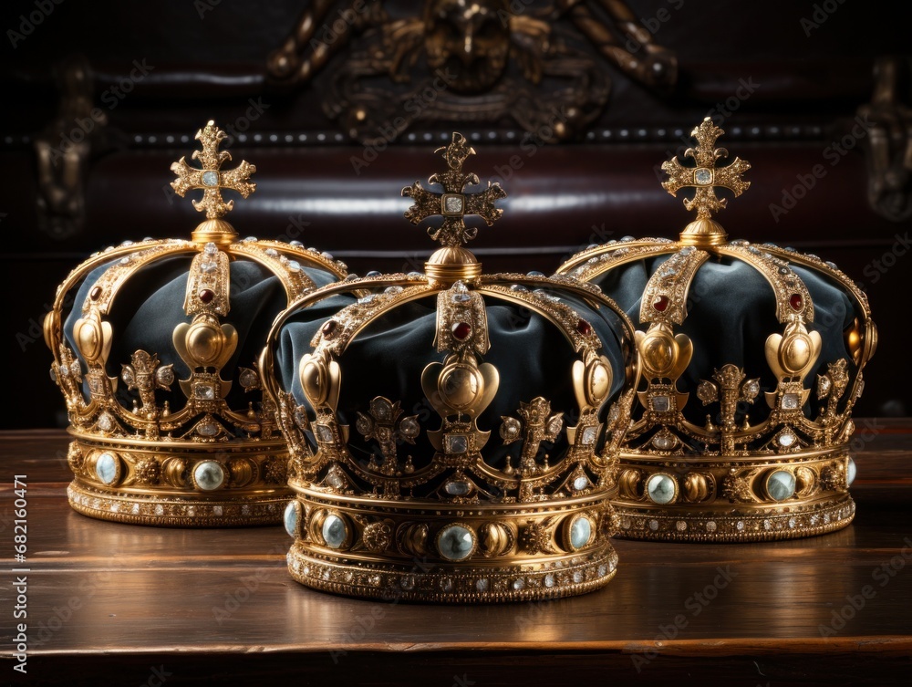 three golden royal crowns with precious stones with blue velvet .Crown ...