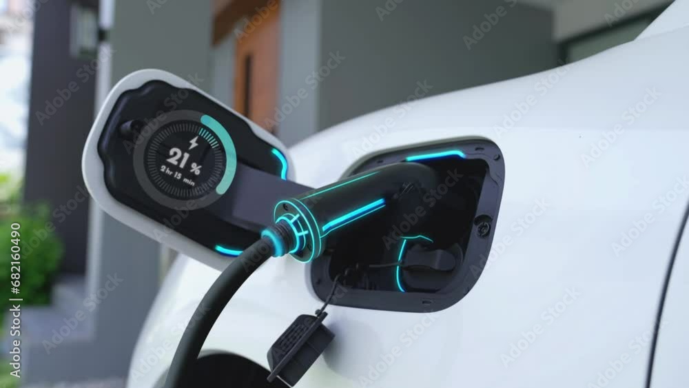 Electric car recharging in futuristic home charging station with smart ...