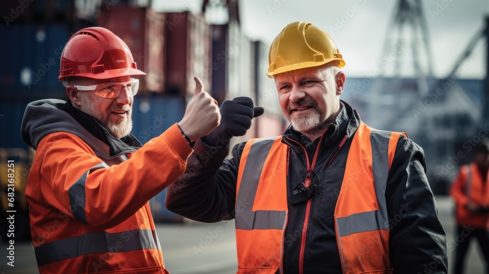 Two logistics workers in hard hats and safety vests performing a fist ...