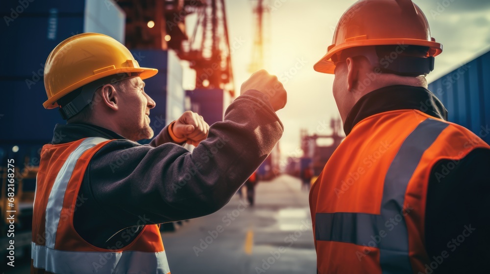 Two logistics workers in hard hats and safety vests performing a fist ...