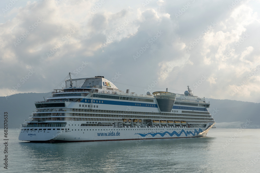 Big white luxury cruise ship AIDA Bella in the Siam Bay on the South ...