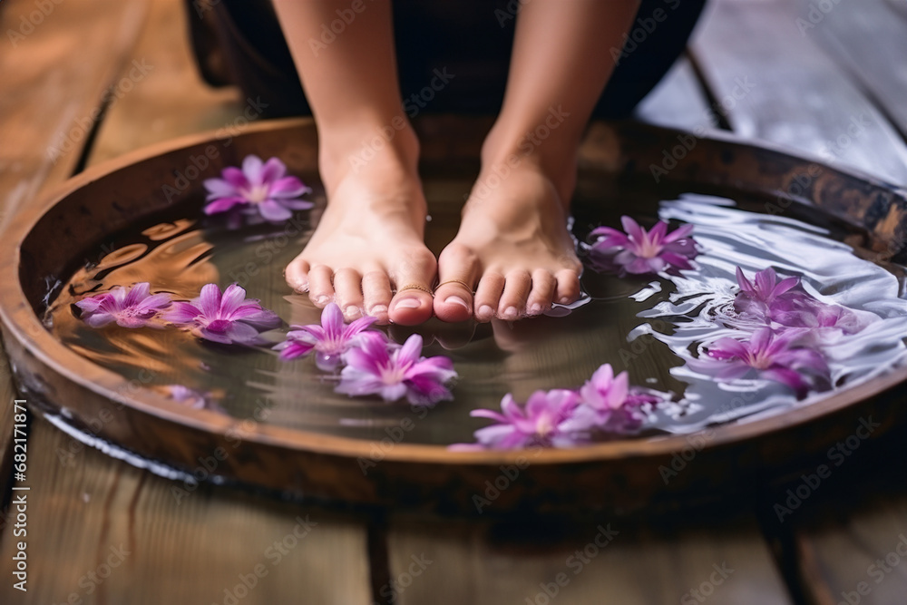 Womens Feet In Spa Treatment Feet In Beautiful Bowl Of Water And Purple ...