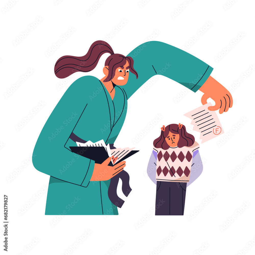 Angry mother with test yelling on scared kid. Stressed girl get bad ... Angry mother with test yelling on scared kid. Stressed girl get bad ...