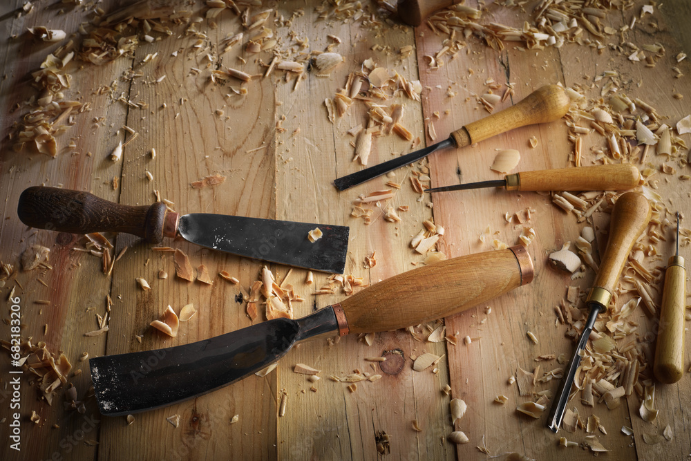 Set of tools for woodworking on wooden background. Captures the essence ...