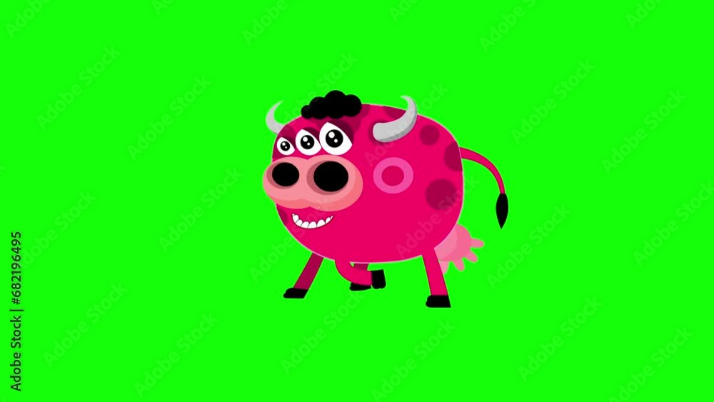 Cartoon monster cow with three eyes walking only loop greenbox ...