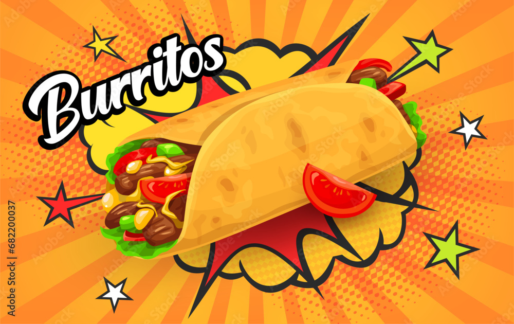 Tex Mex Mexican burrito with retro comic halftone bubbles, vector food ...