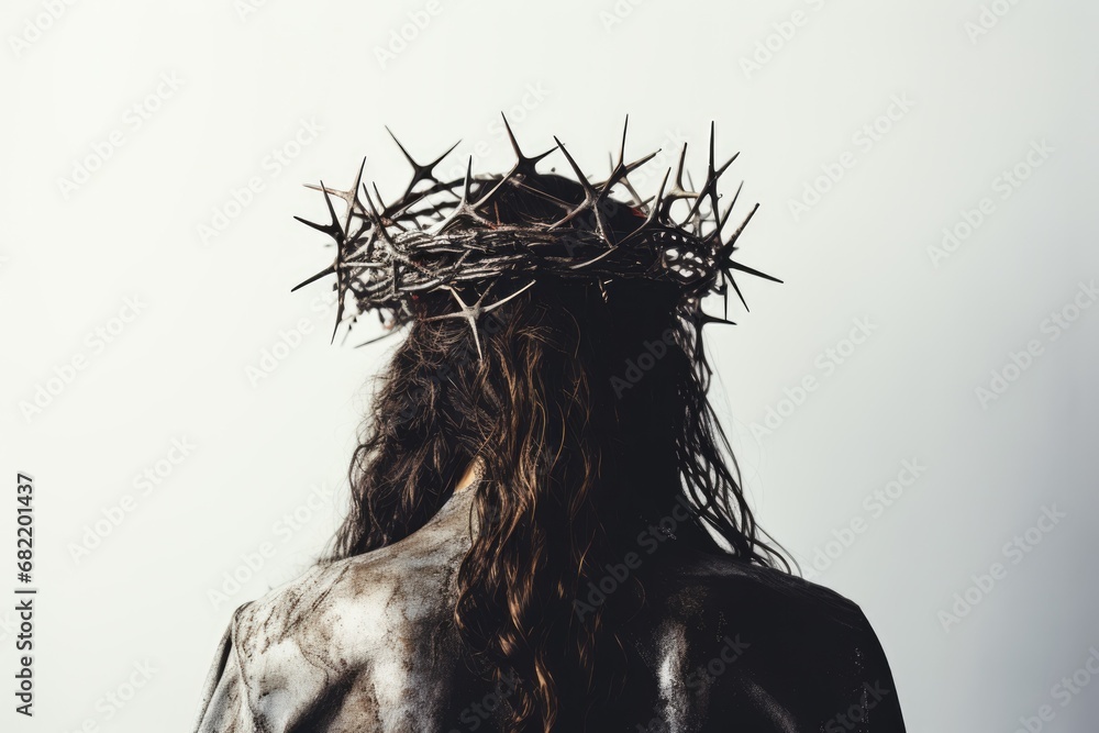 Jesus with bloody crown of thorns on His head over light background ...