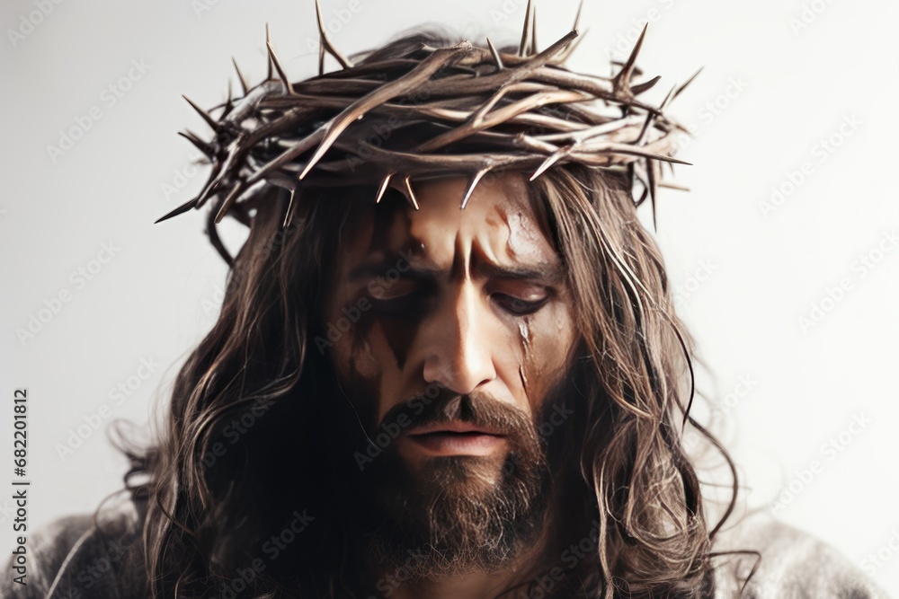 Jesus with bloody crown of thorns on His head over light background ...
