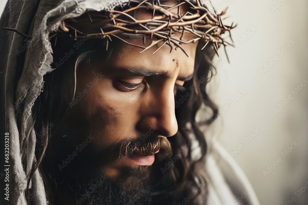 Jesus with bloody crown of thorns on His head over light background ...