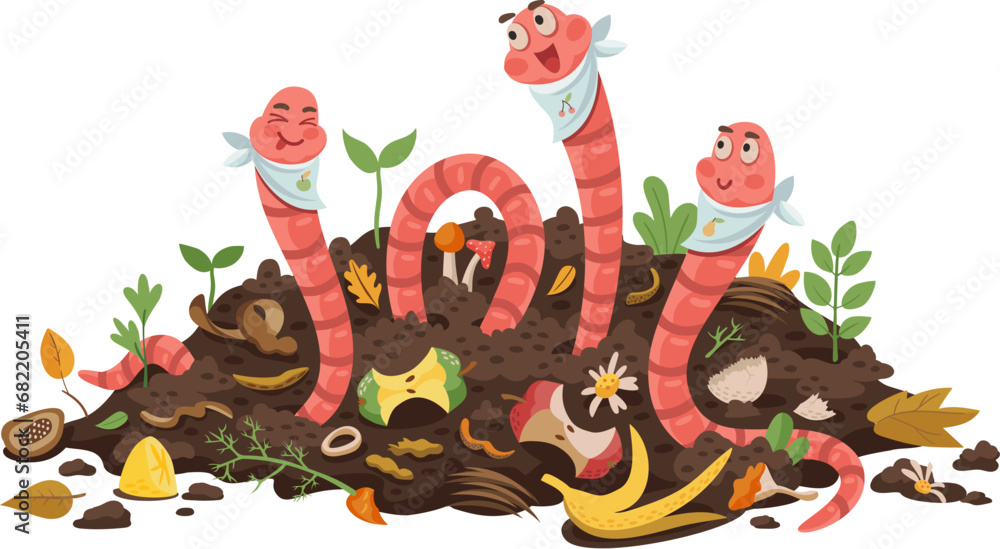 Cartoon funny earth worm characters eating compost or bio organic ...
