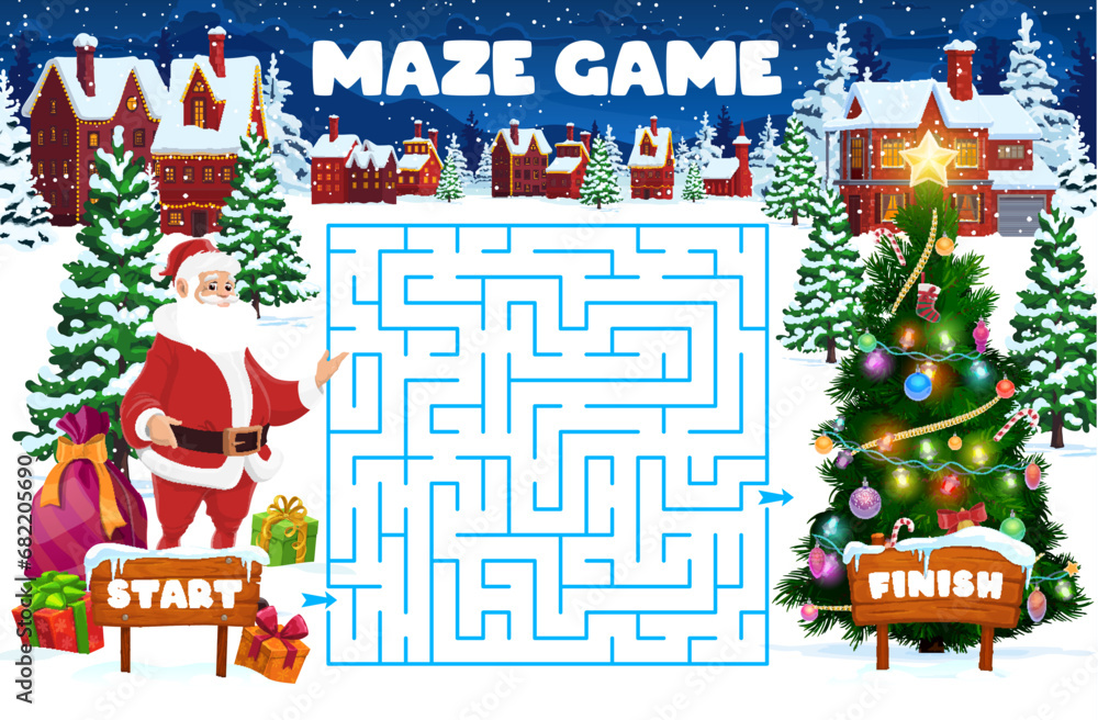 Christmas labyrinth maze, kids vector board game worksheet help Santa ...