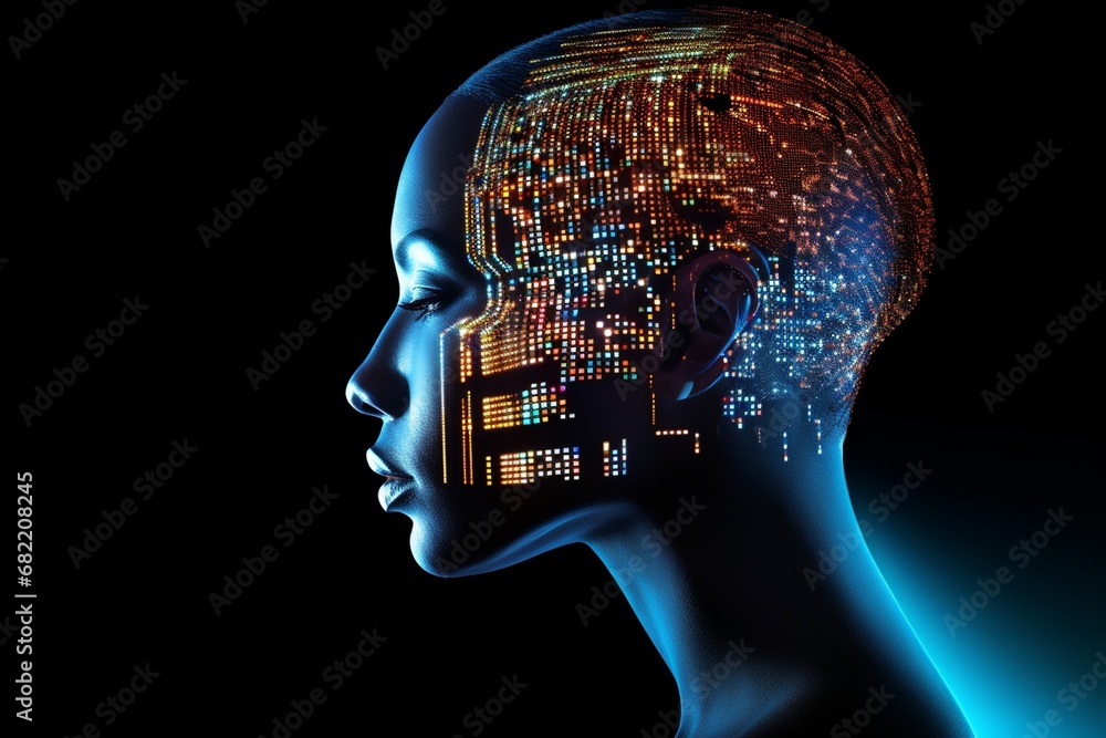 artificial intelligence side face view hologram pixel effect Stock ...