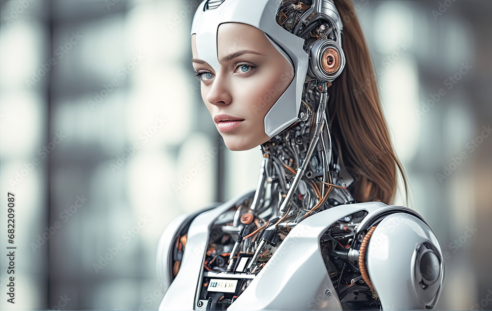 woman android, robot, modern technology. work in the laboratory, in the ...