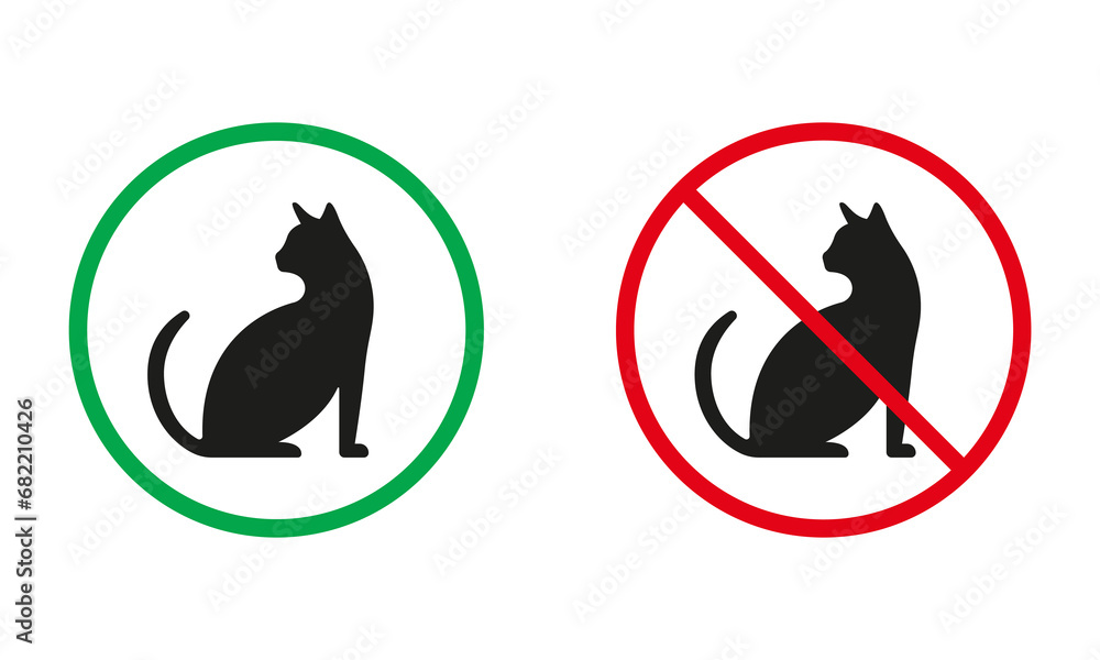 Entry with Cat Sign. Kitten Sitting Silhouette Icons Set. Pet Allowed ...