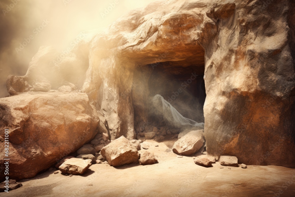 Empty tomb with shroud in Calvary hill. Christian Easter concept ...