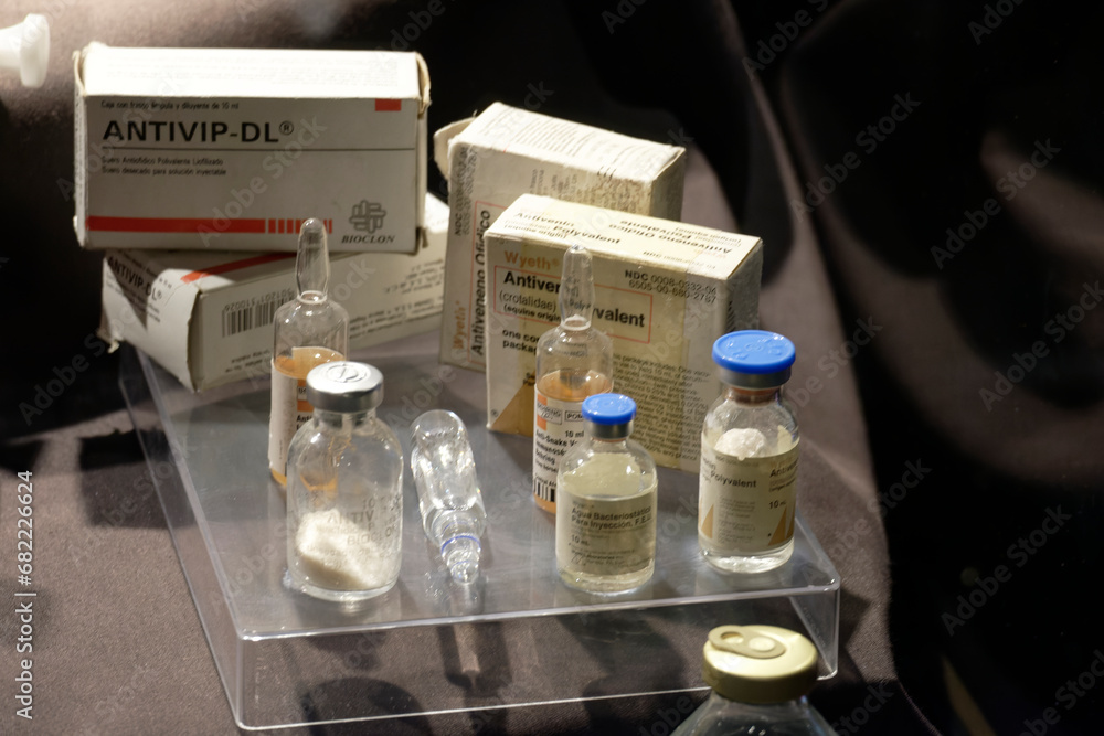 Different bottles with antidote against the venom of different snakes ...