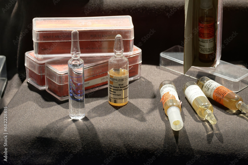 Different bottles with antidote against the venom of different snakes ...