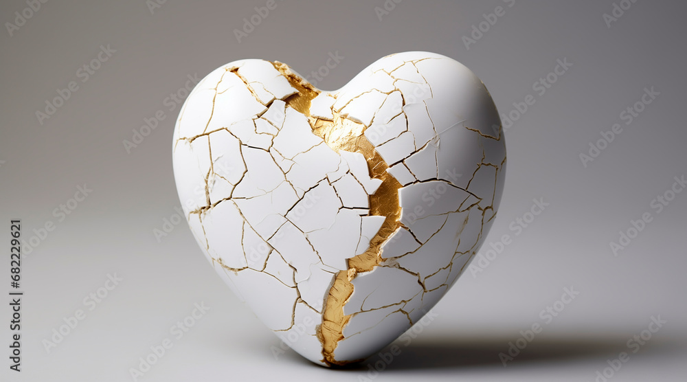 Kintsugi Upcycled white porcelain ceramic heart with golden cracks ...