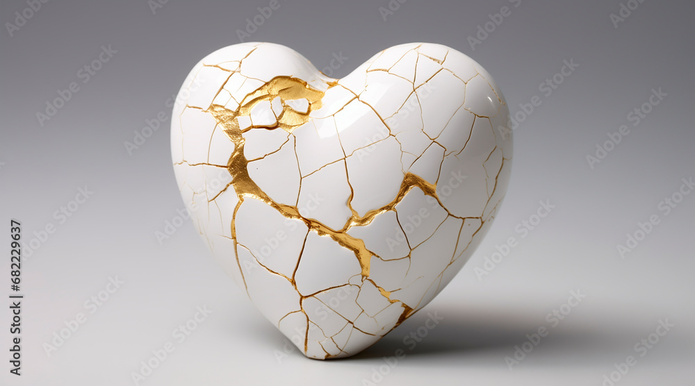 Kintsugi Upcycled white porcelain ceramic heart with golden cracks ...