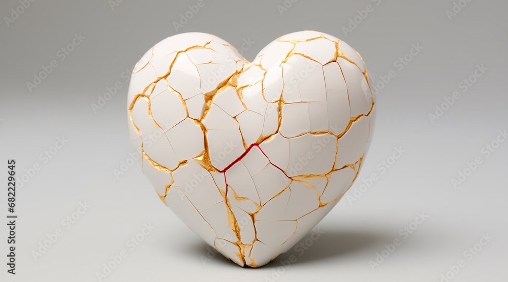 Kintsugi Upcycled white porcelain ceramic heart with golden cracks ...