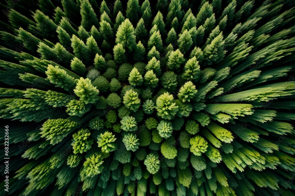 A captivating drone image of a dense green forest, where the camera ...