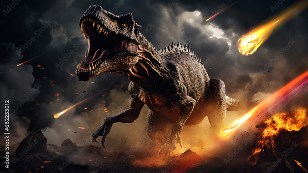 Tyrannosaurus rex with fire and smoke in the background at the time of ...