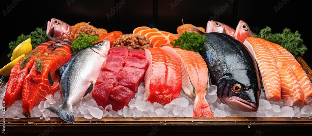 At the retail store market, the closeup display of fresh food showcases ...