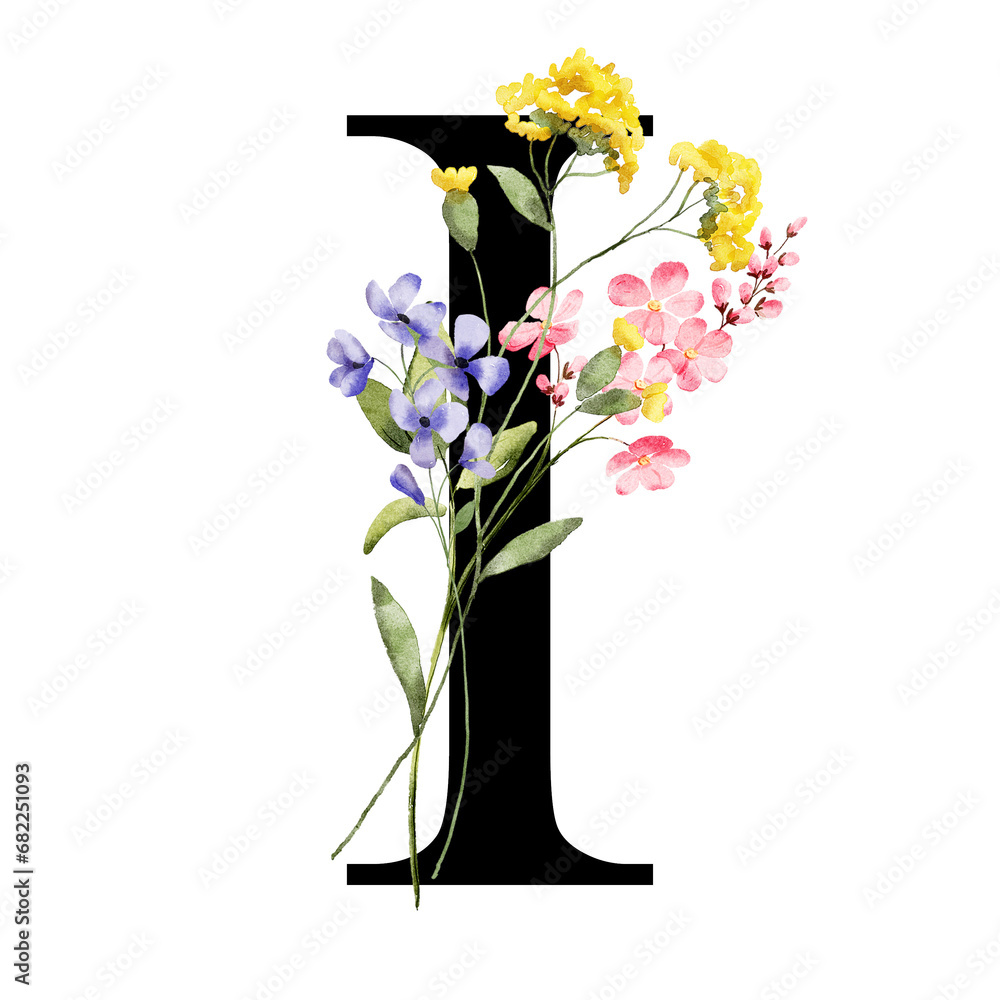 Letter I, floral alphabet, wedding monogram with watercolor flowers ...