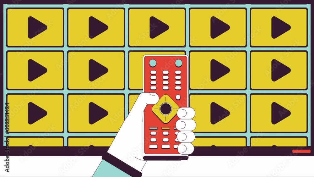 Streaming media on tv line cartoon animation. Push button remote ...