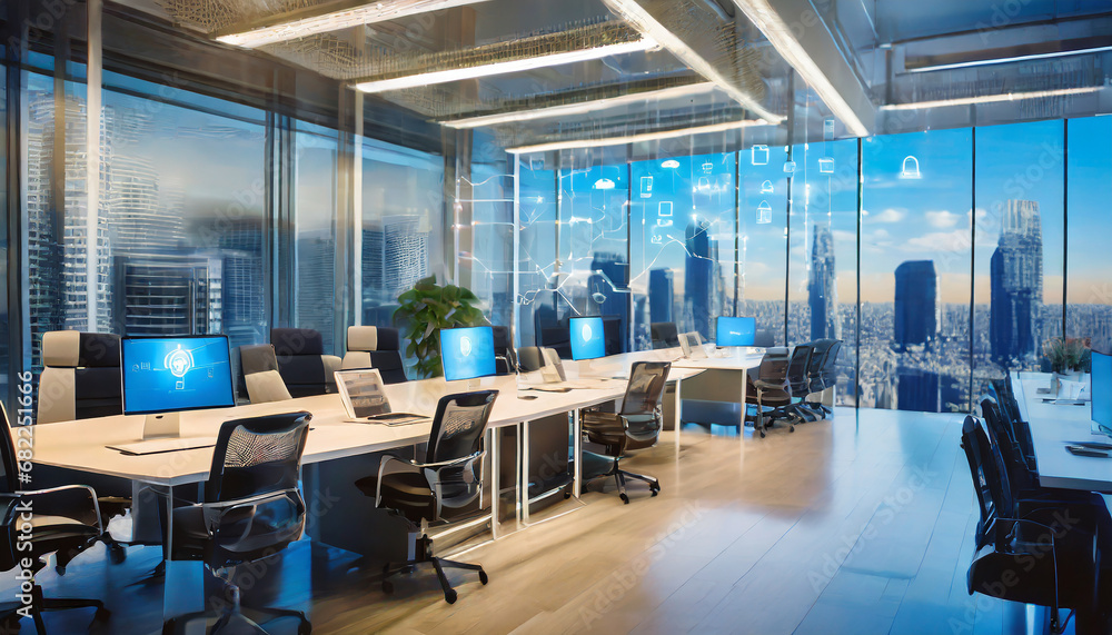 Cybersecurity company office with secure meeting rooms, tech-centric ...