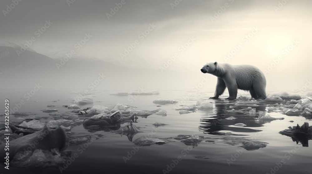 Puzzled polar bear stands in desolate gray world of melted ice, plastic ...
