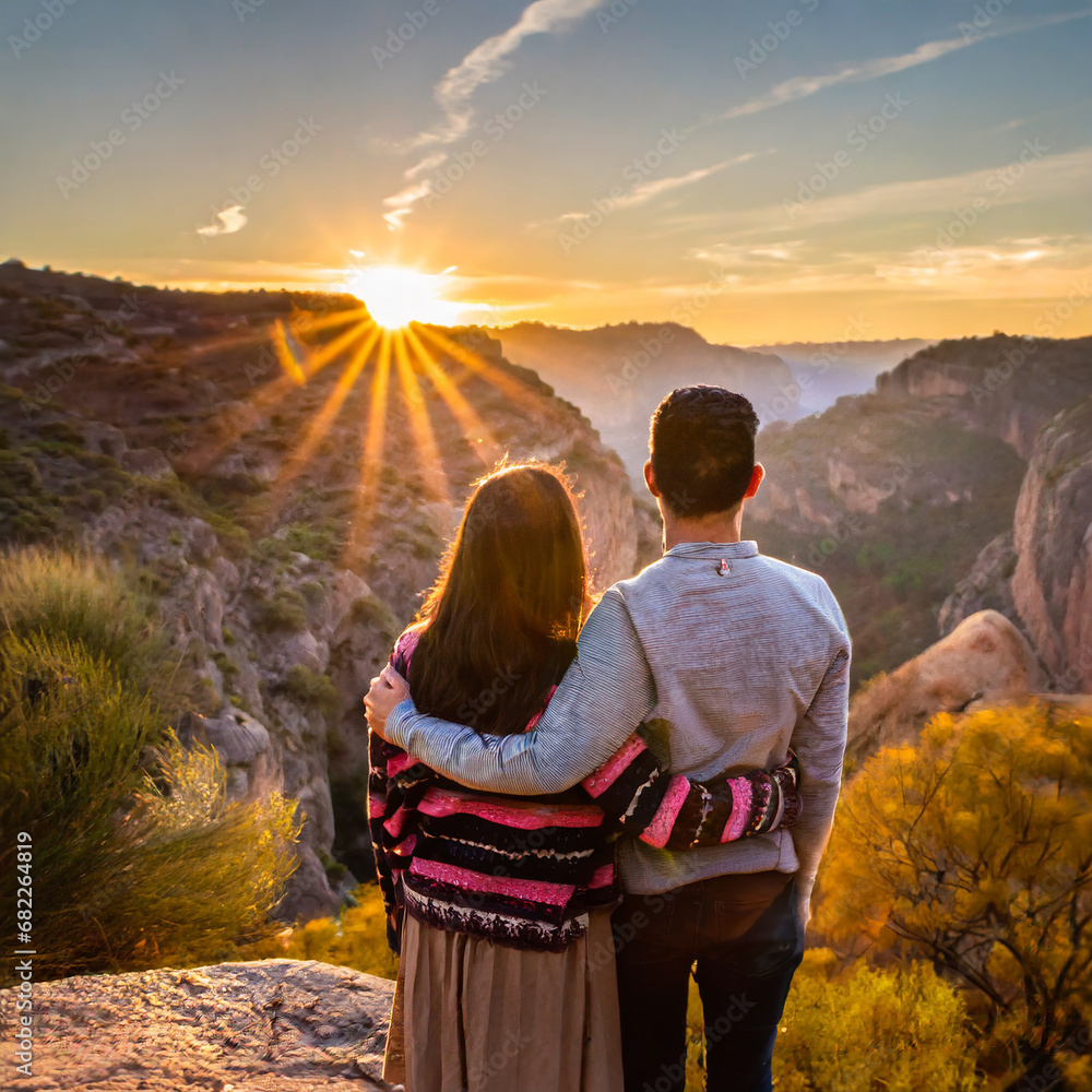 Couple's back view against a canyon sunrise, wrapped in warm layers ...