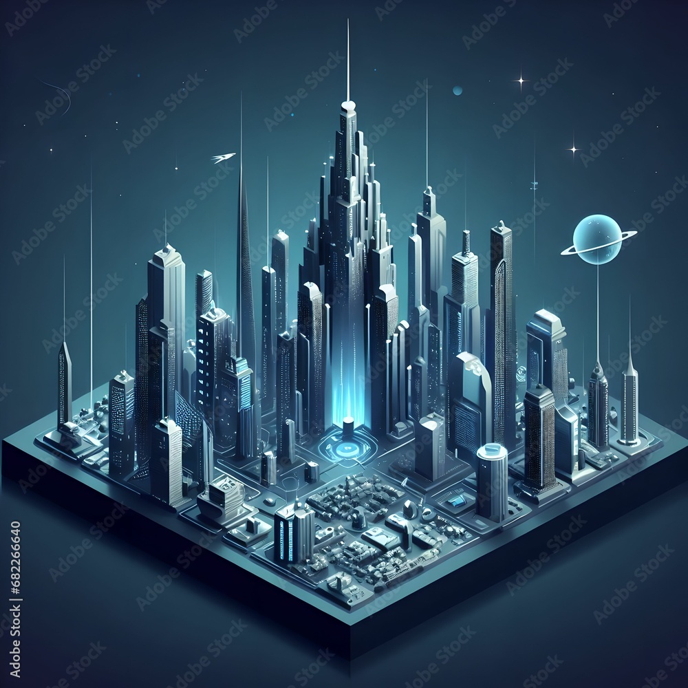 Futuristic city with a floating spire in the center, isometric design ...