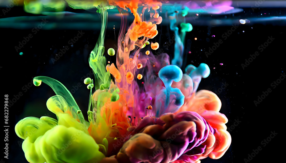 fluidity and randomness of multicolor ink dispersing in water. Dark ...