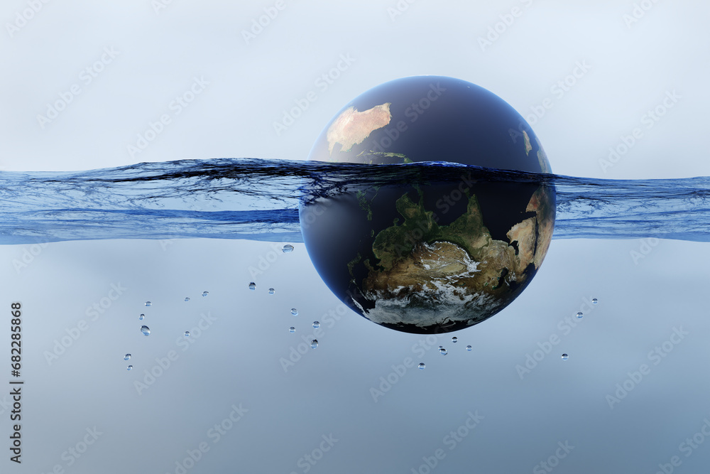 Planet earth floating in water under blue sky. Illustration of the ...