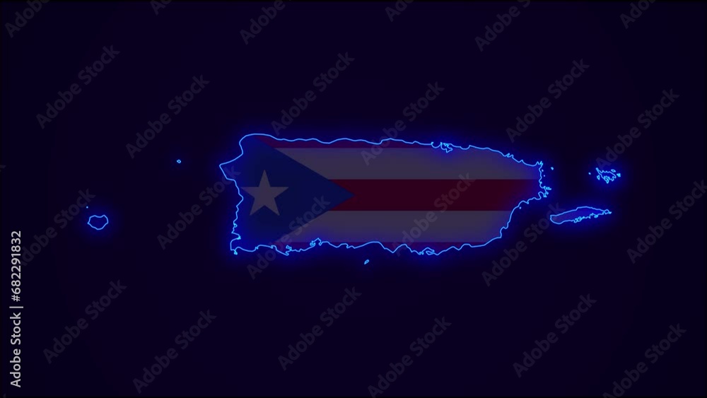 Puerto Rico Map Outline Country Border on dark blue. Neon Lights ...
