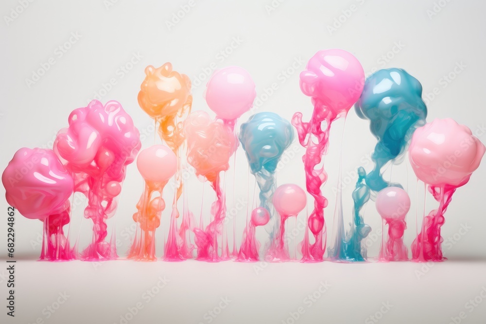 burst bubble gum in various stages of bursting, arranged in a line ...