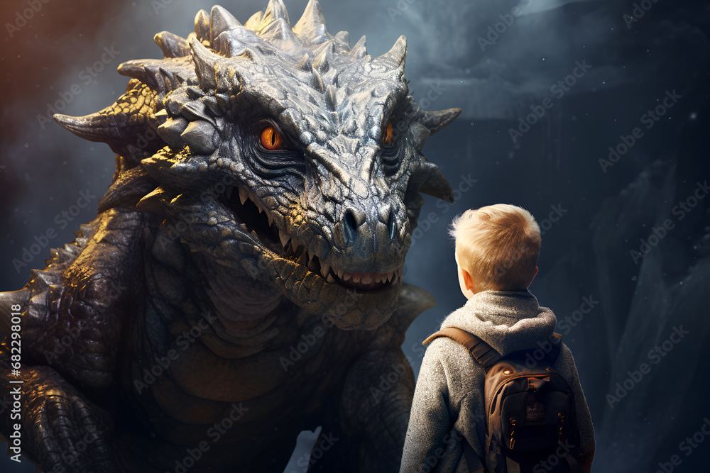 Back view of little child boy with backpack meeting dragon face to face ...