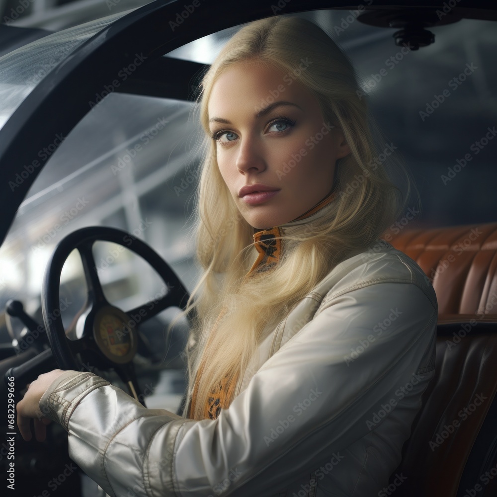 Elegant woman with a stern look driving a sophisticated vintage car ...