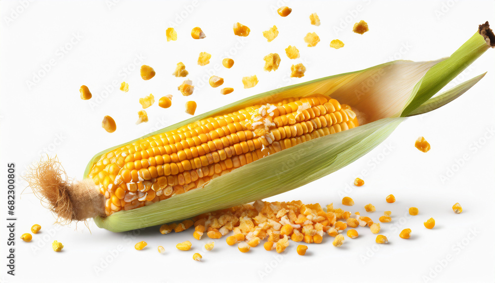 broken flying sweet corn cob with grains isolated on white background ...