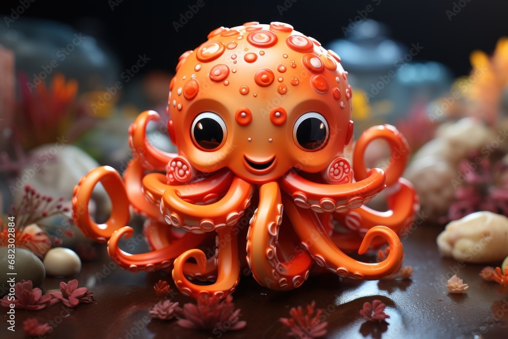 an orange octopus figurine sitting on top of a table next to a bunch of ...