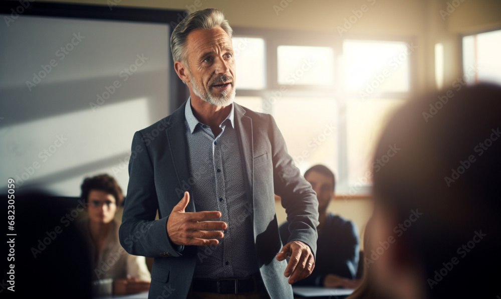 Professor, Teacher Man 55 years old with grey hair giving a lecture at ...